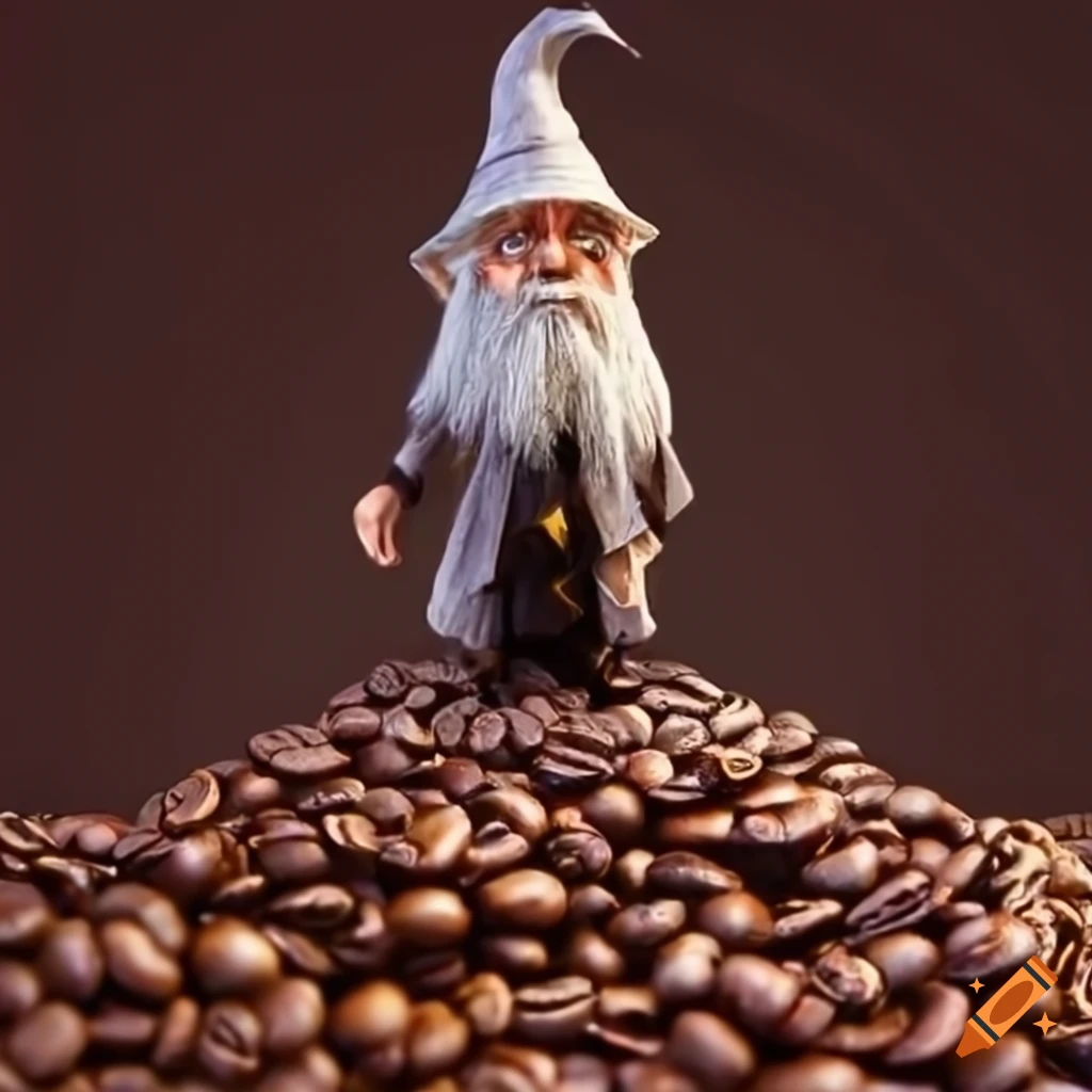 Wizard standing over coffee beans in discworld style on Craiyon