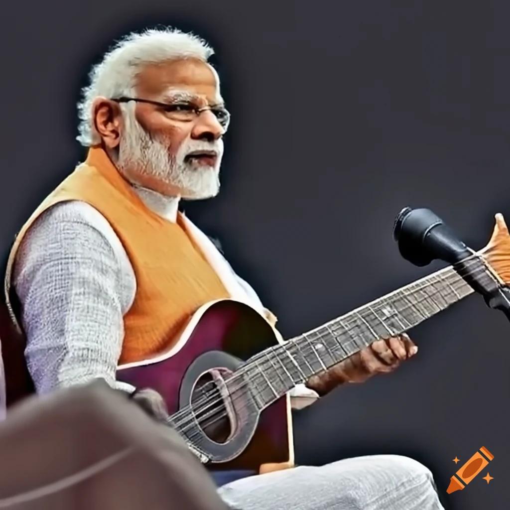 Narendra Modi singing with a mic and guitar in a vertical image on Craiyon