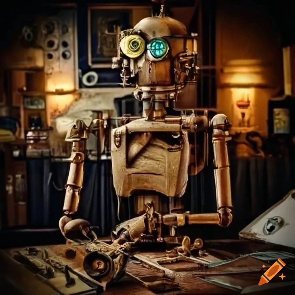 Steampunk robot working in an adventure shop on Craiyon