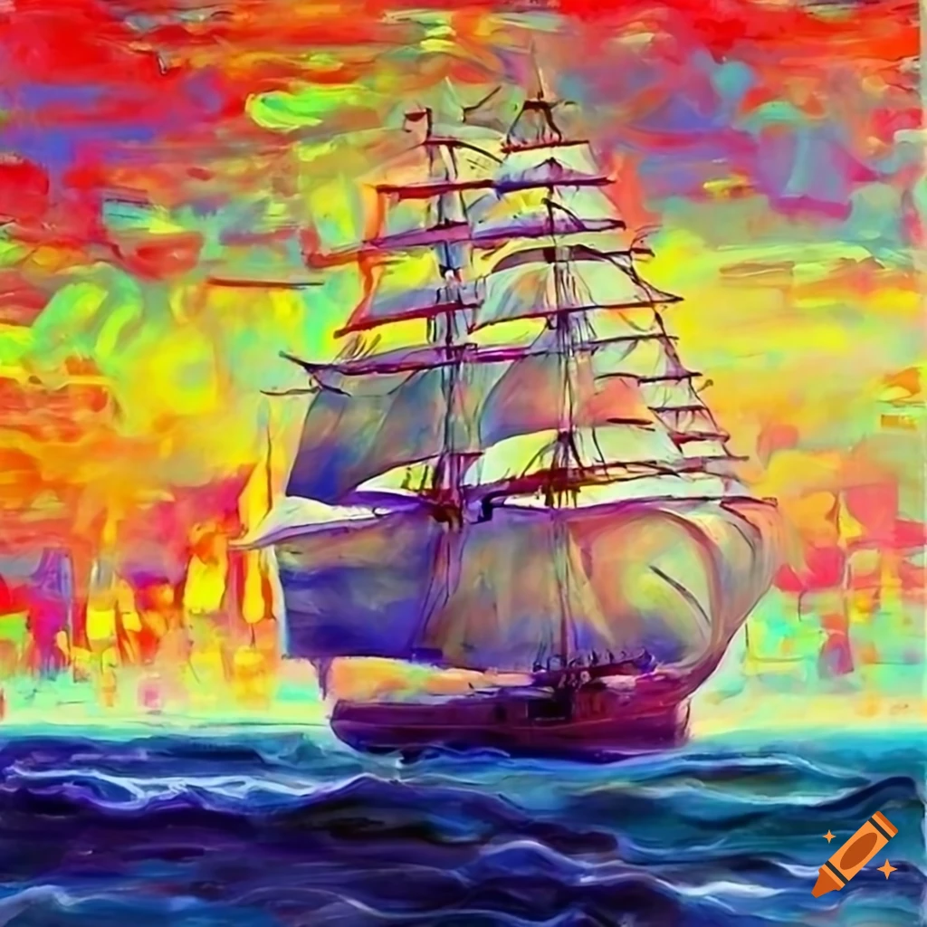 Ship sailing on the sea with abstract expressionist background on Craiyon