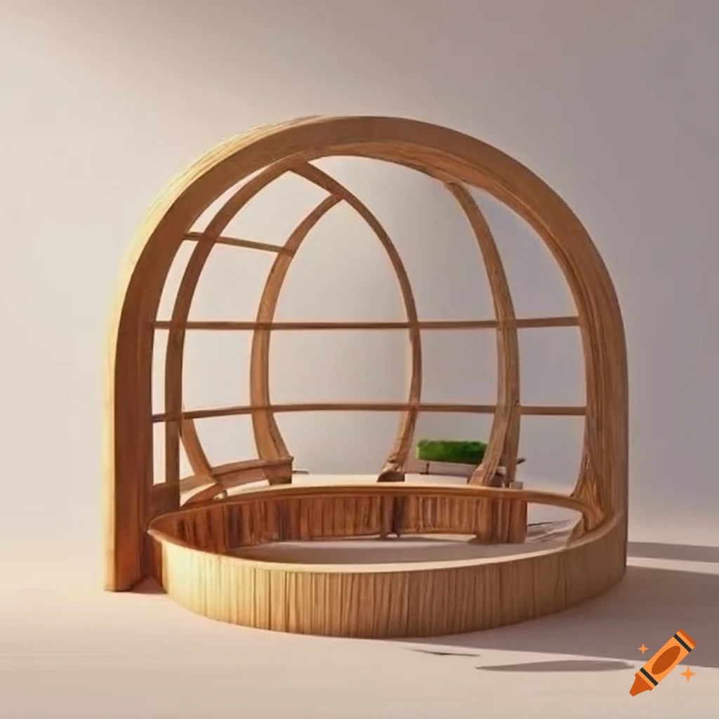 Light wooden circular or spiral frame kiosk with 2 floors on Craiyon