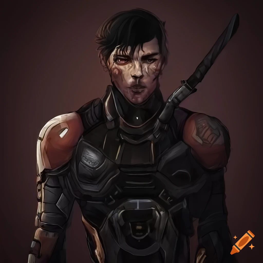Sci-fi human with scars, black armor, and sword in hand on Craiyon
