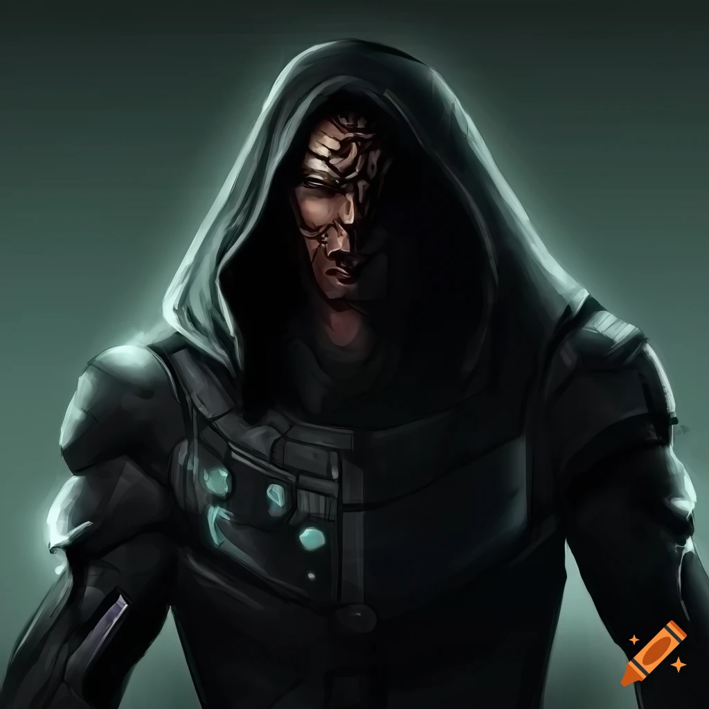 Sci-fi human with scars, holding a sci-fi sword in black armor on Craiyon