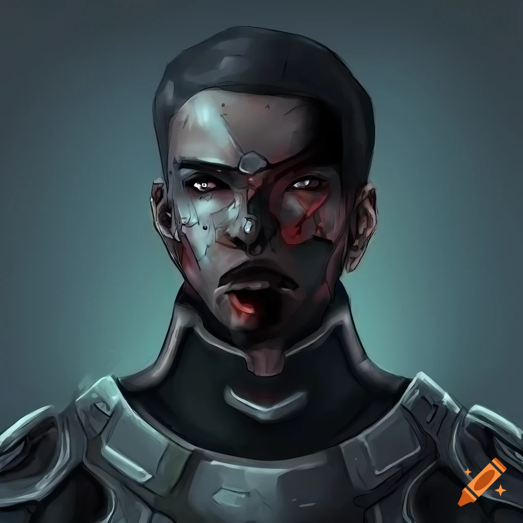 Sci-fi human with scars, black hair, and armor holding a sword in ...