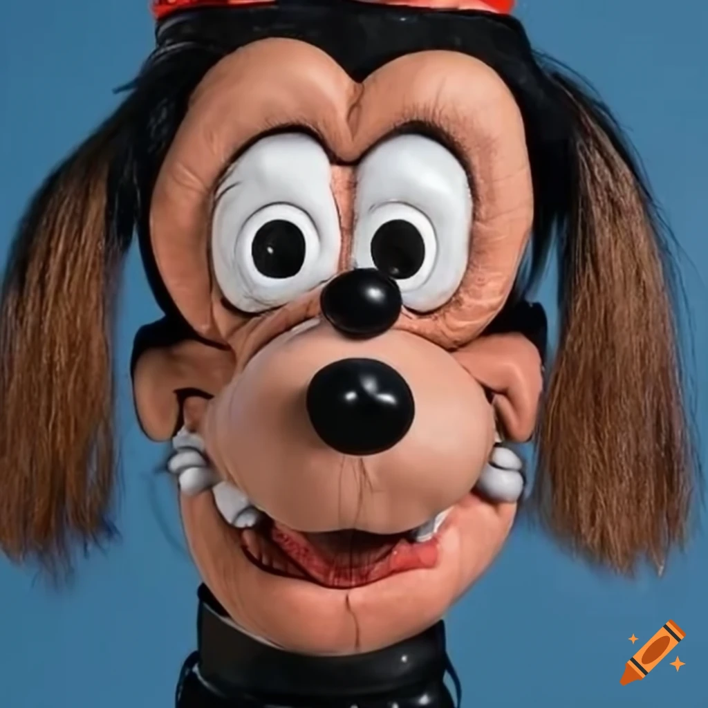 Goofy animatronic with front view eyes looking down to the right on Craiyon
