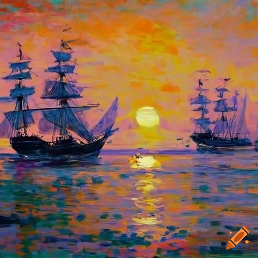 1800's style ships at sea during sunset, depicting a journey of ...
