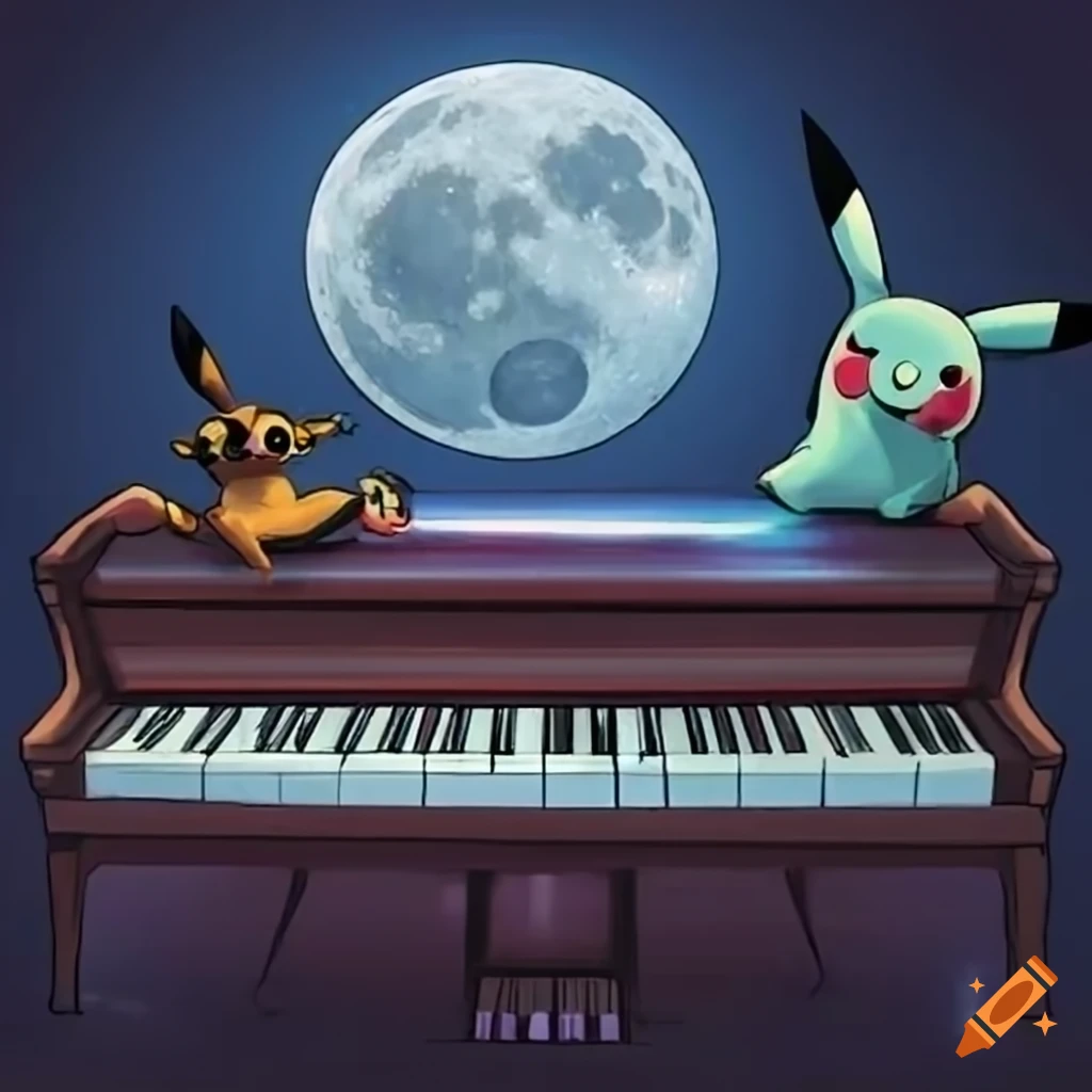 Pikachu playing piano under stars and a big moon at night on Craiyon