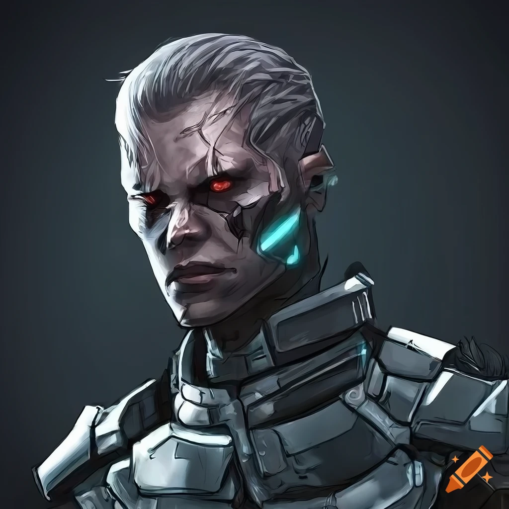 Sci-fi human warrior with scars, holding a sci-fi sword in black armor ...