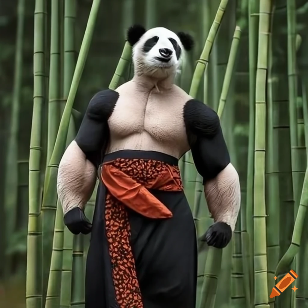 Muscular panda in Asian attire standing in bamboo forest on Craiyon