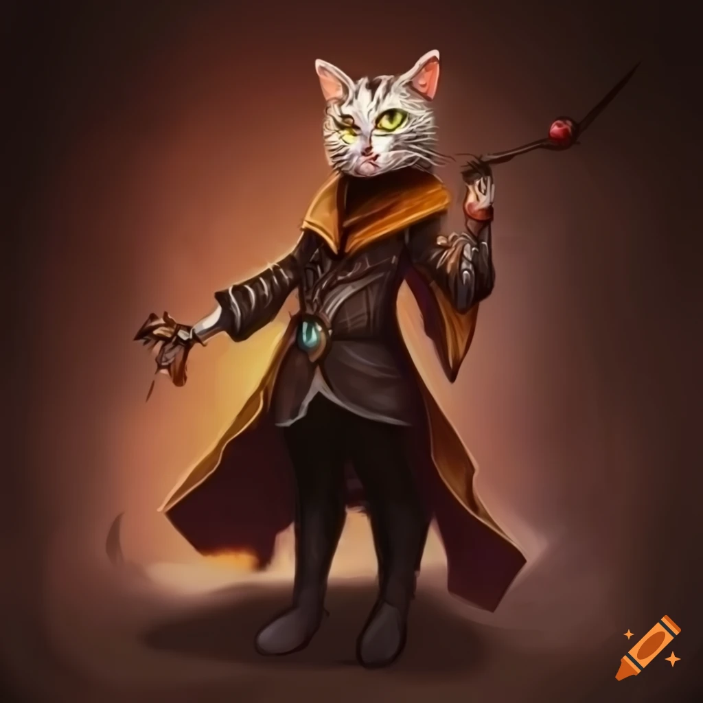 Humanoid cat battle mage standing on two legs with a jacket on Craiyon