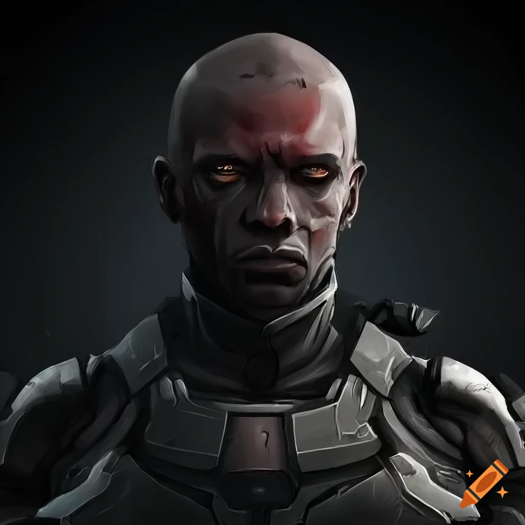 Sci-fi human with scars in face and black armor holding a sci-fi sword ...