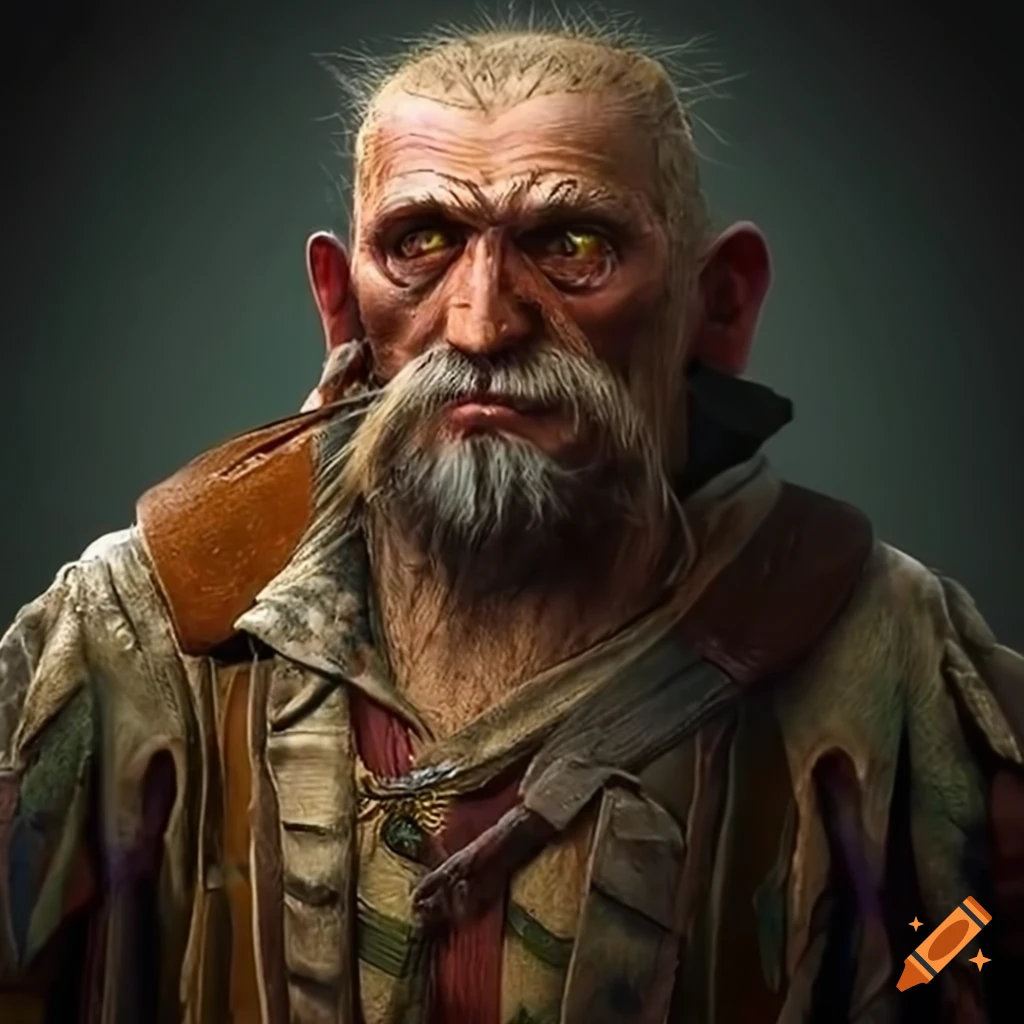 Rugged middle-aged hunter character with scruffy facial hair and ...