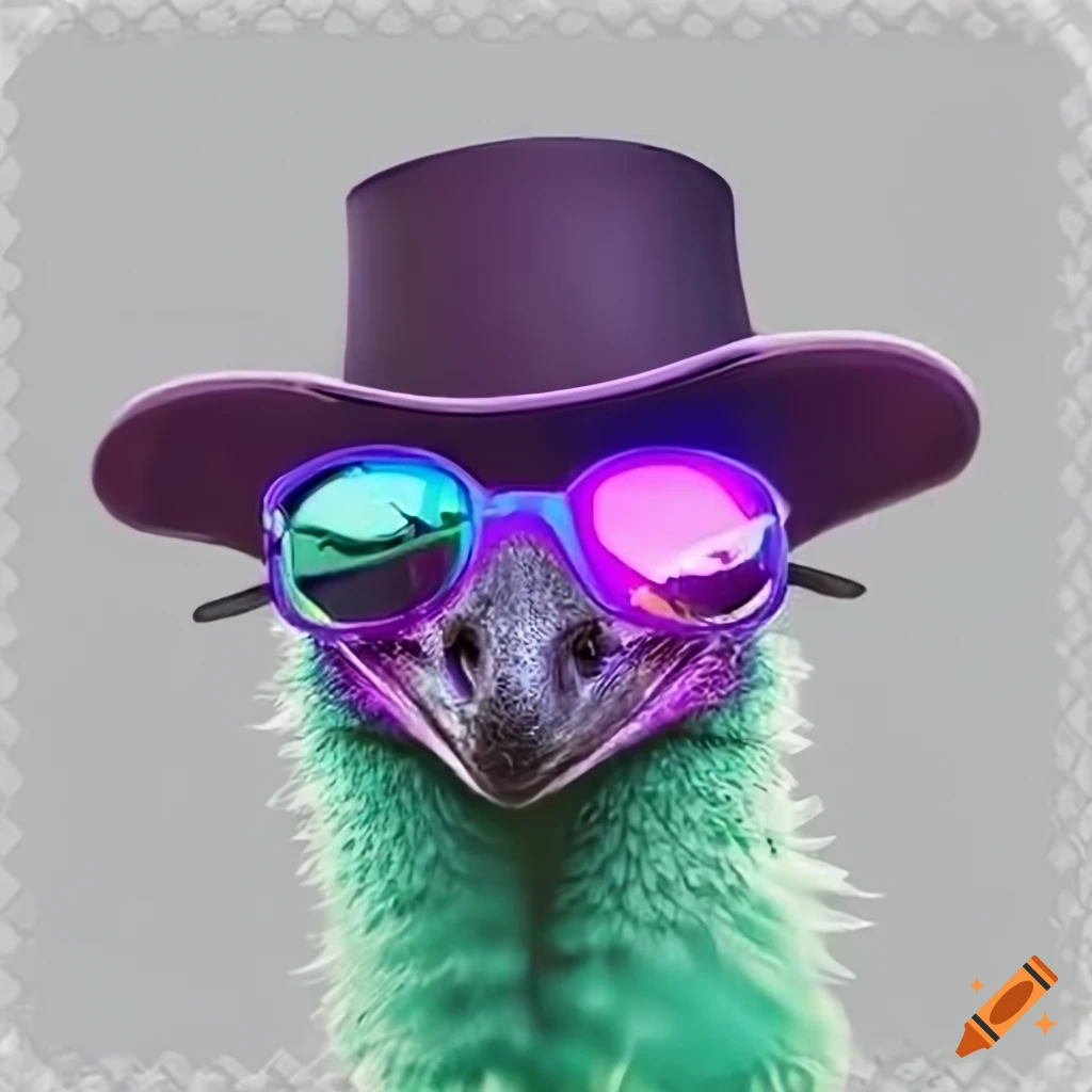 Emu with a top hat and sunglasses in purple and green colors on Craiyon