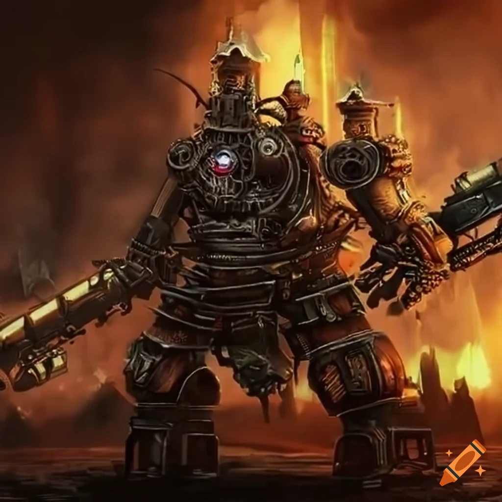 Steampunk war machine engaged in combat on Craiyon