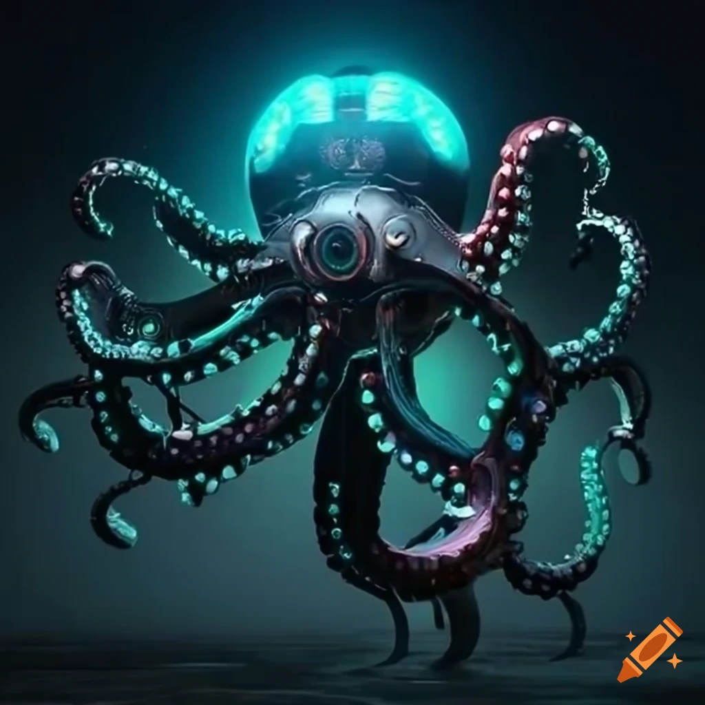 Intricately detailed mechanical robotic octopus with glowing eyes on ...