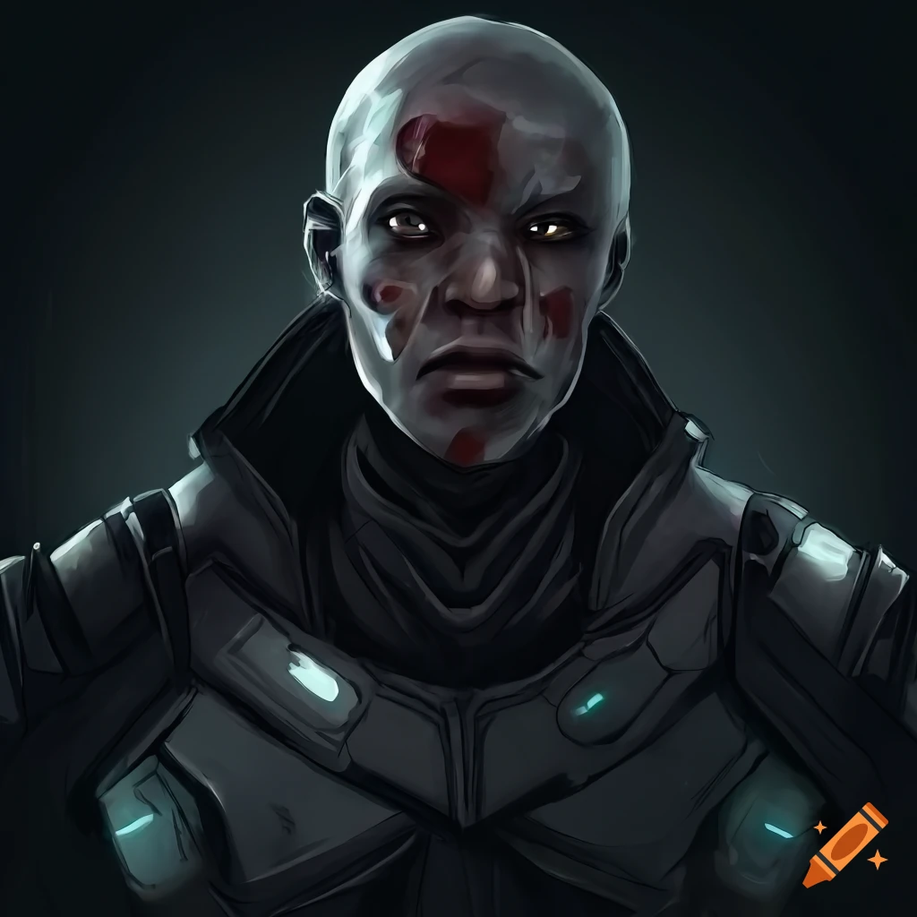 Sci-fi human with scars, black hair, and armor holding a sci-fi sword ...