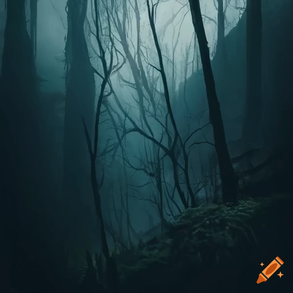 Spooky mountain forest landscape in a dark vintage style on Craiyon