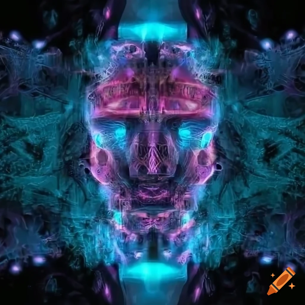 Abstract futuristic transparent face with a solid spirit inside, dark ...