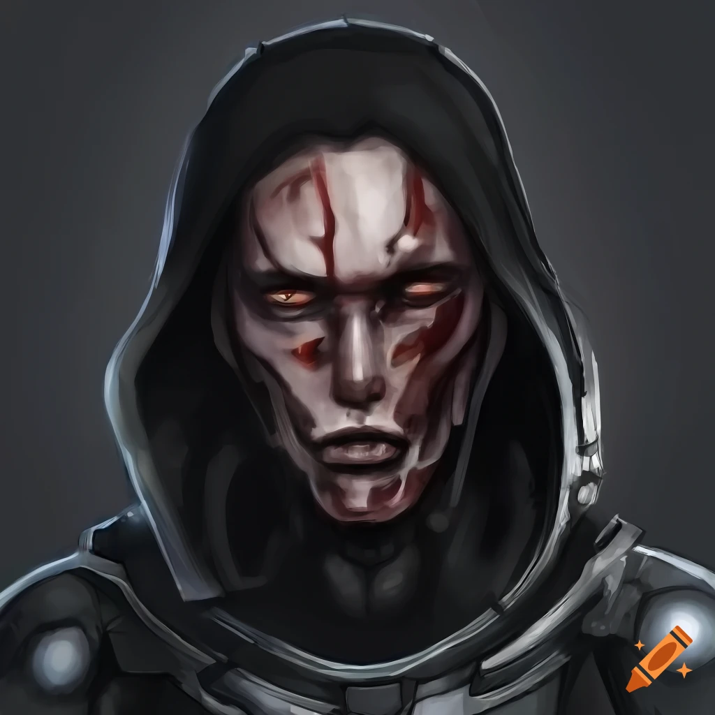 Sci-fi human with scars, black hair, and armor holding a sci-fi sword ...