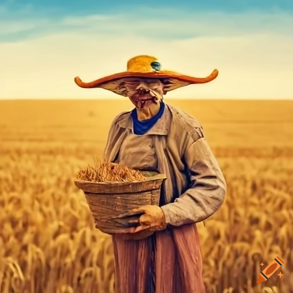 Intriguing farmer with unique body shape and wooden leg in ripe wheat ...
