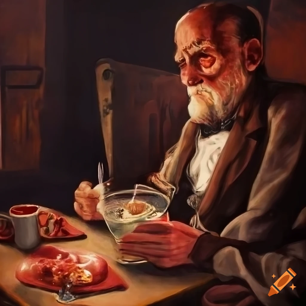 Eerie pulp magazine cover with a mysterious old man in a vintage diner ...