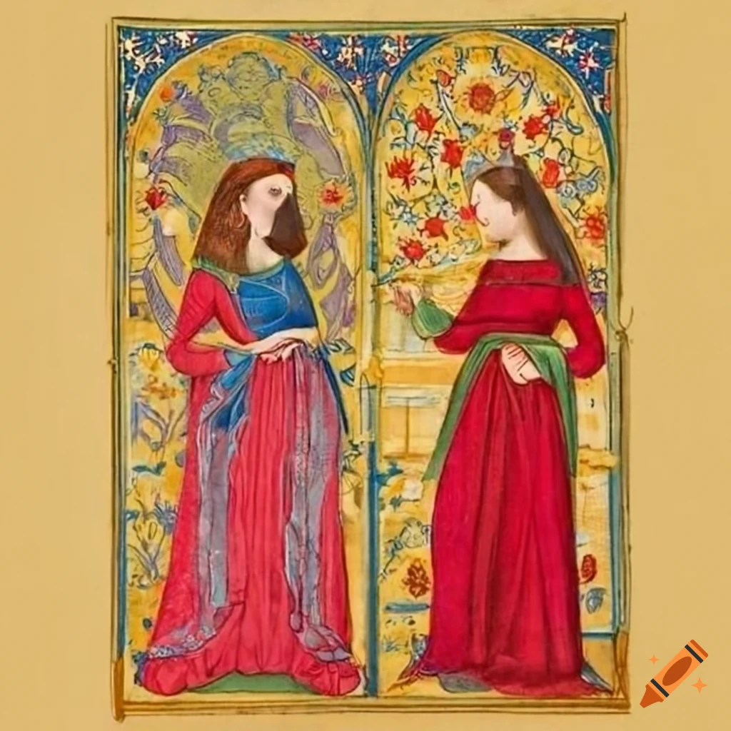 Two women in illuminated manuscript style on Craiyon