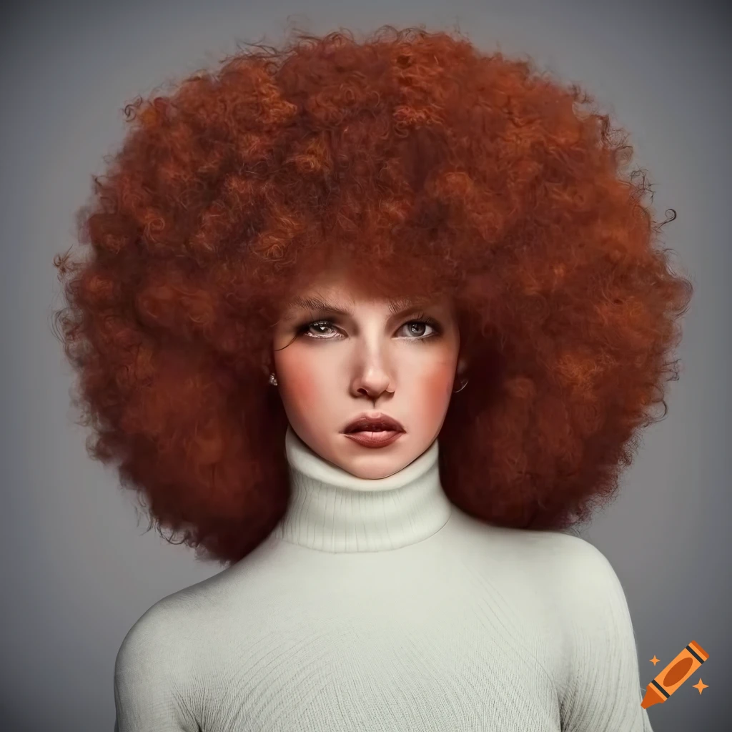 Portrait Of A Beautiful Redhead Woman With A Massive Afro In A White