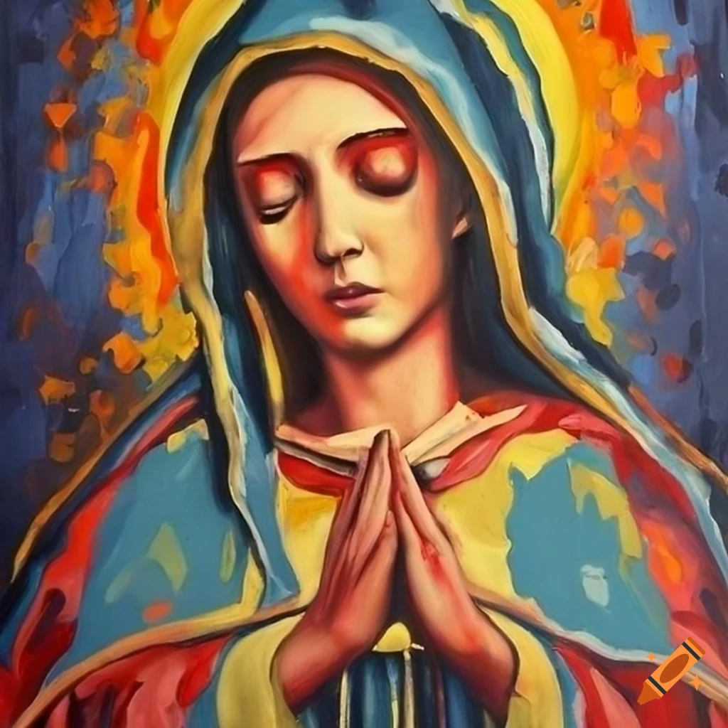 Virgin mary in prayer painted in a modern style with bright colors on ...