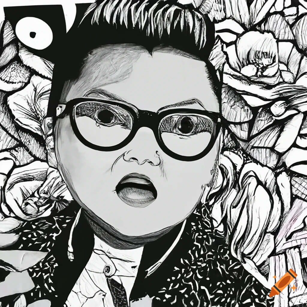 Manga art of psy in a gangnam style outfit in black and white on Craiyon