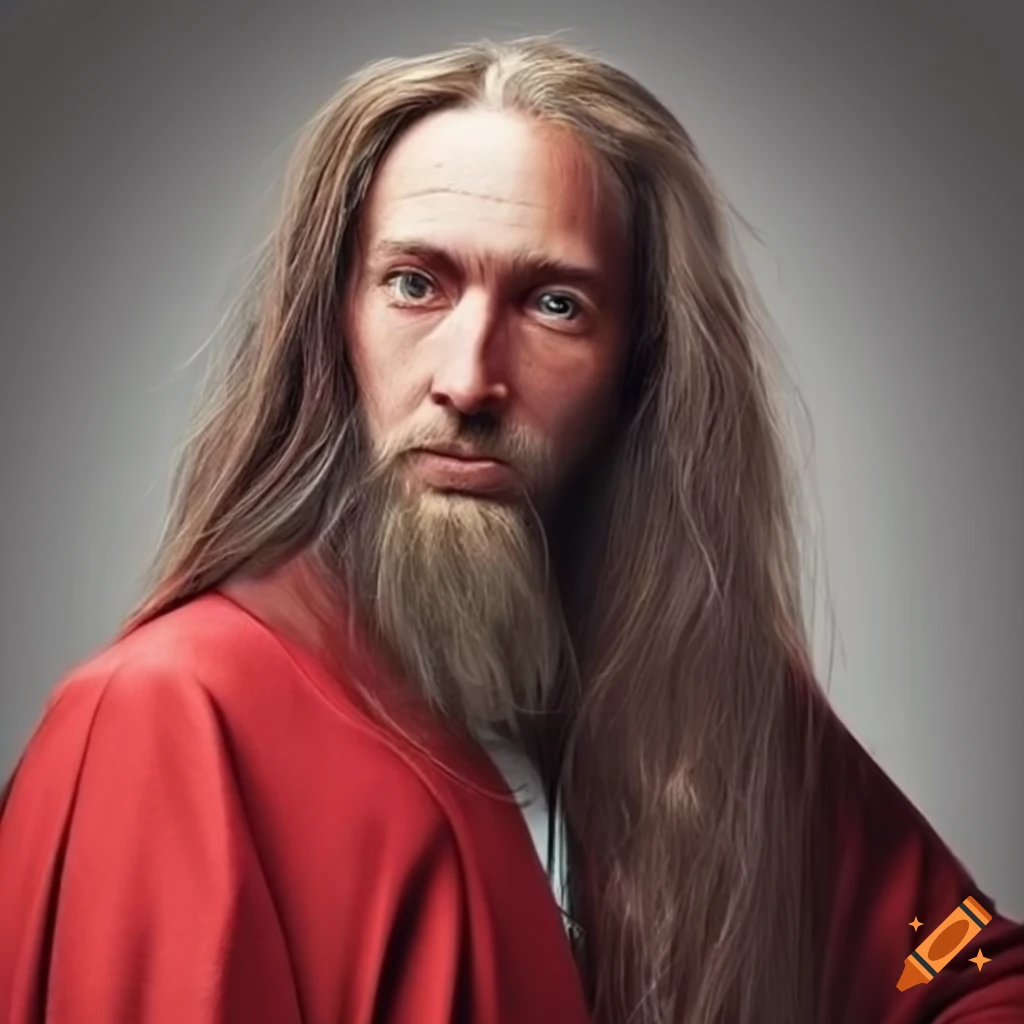 Middle-aged man with long hair wearing a red robe on Craiyon