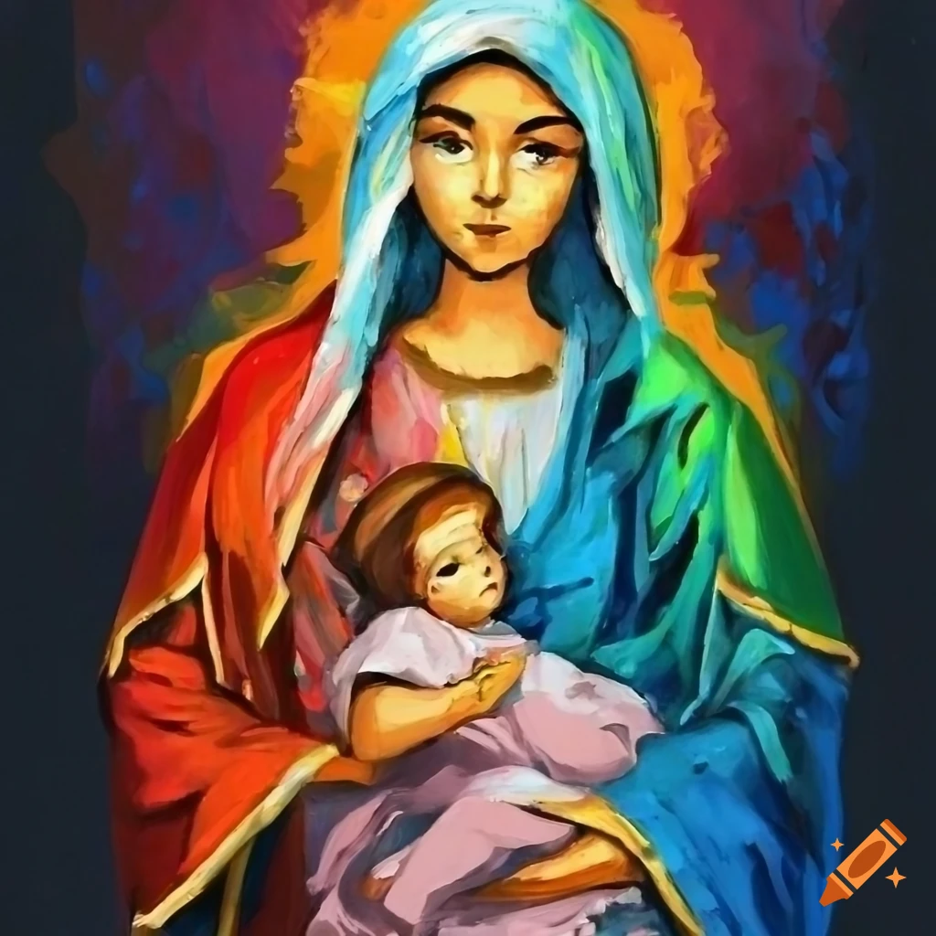 Virgin mary with child jesus in modern knife painting style on Craiyon