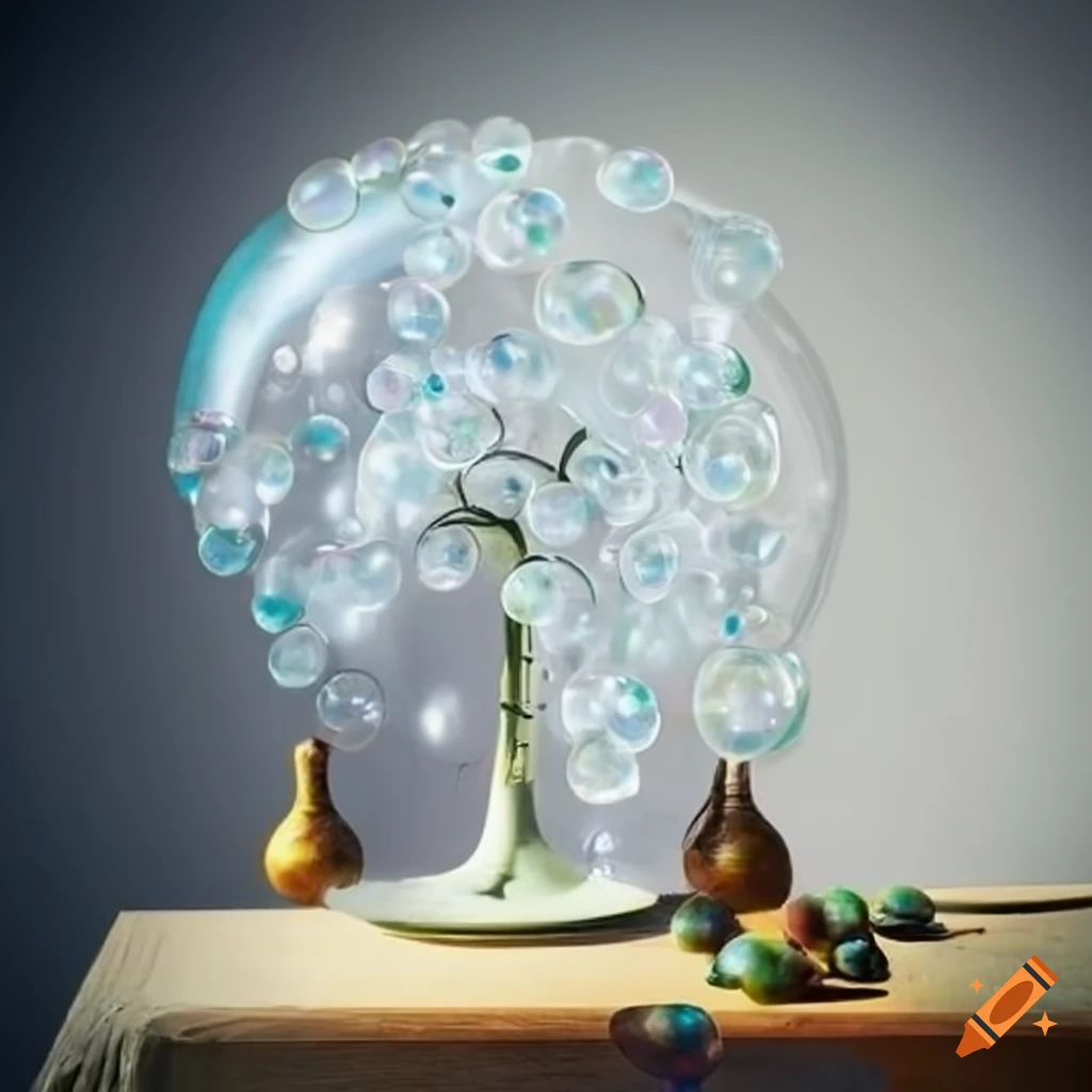 Imaginative still life with a bubble tree on a table on Craiyon