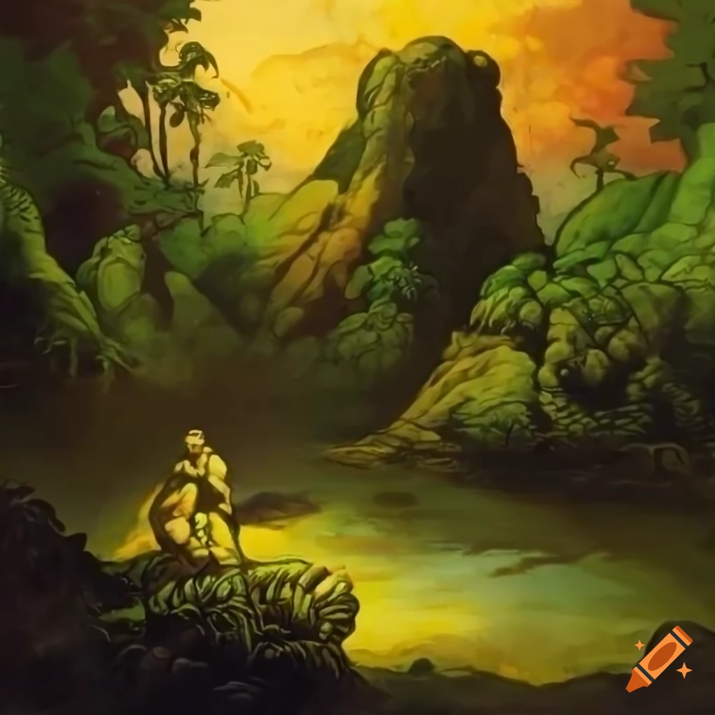 Jungle landscape inspired by Frank Frazetta style on Craiyon