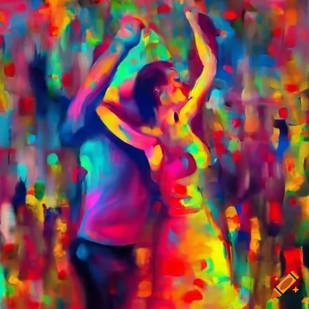 Colorful painting of a triumphant crowd and dancing couple salsa on Craiyon