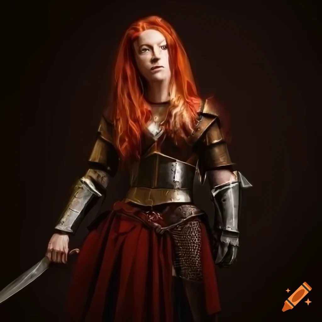 Redhead magus warrior woman in half plate armor with a flaming sword on ...