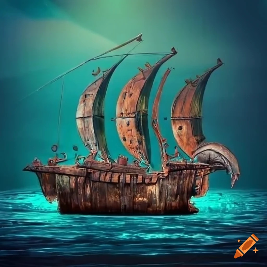 Rusted steampunk sailing vessel with lush vegetation and unique ...