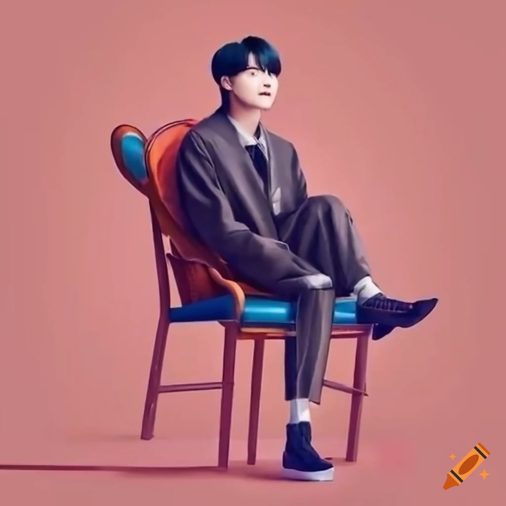 Bts army sitting on a chair with a shiba inu picture in the background ...