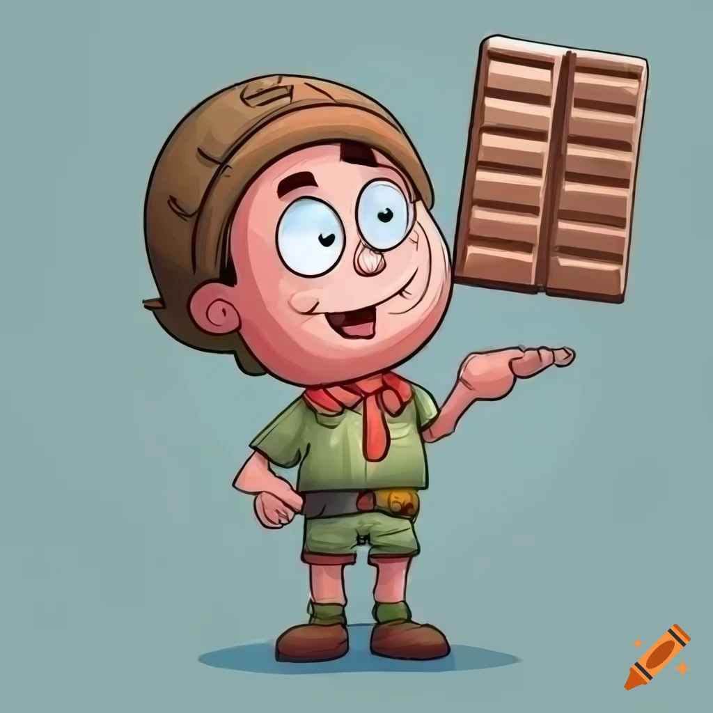 Cartoon boy scout selling a giant chocolate bar on the street on Craiyon