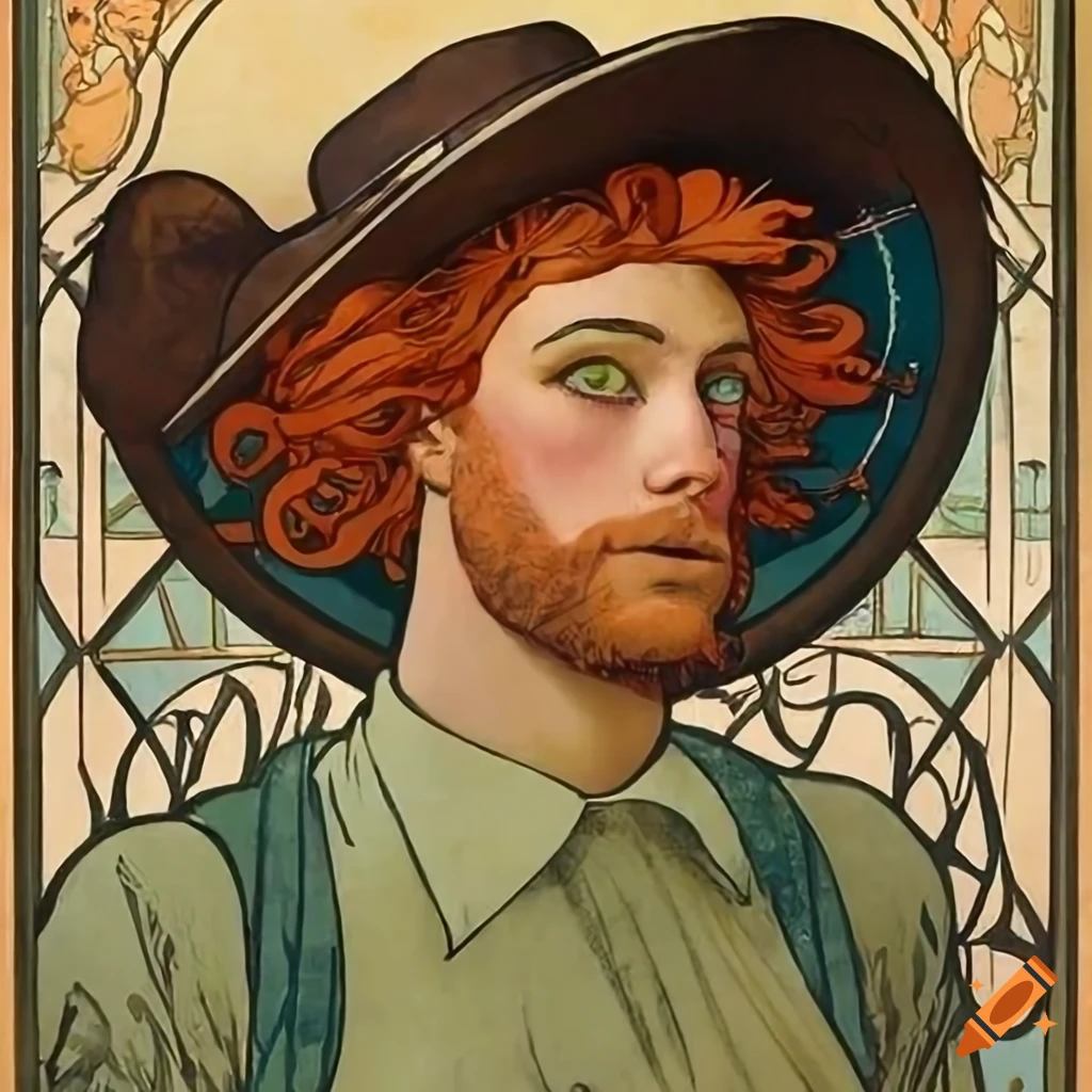 Portrait of a handsome man in a cowboy hat with green eyes and copper ...