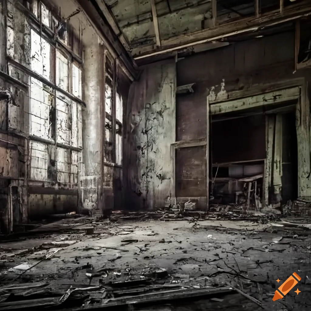 Eerie abandoned rustic factory with walls and machinery on Craiyon