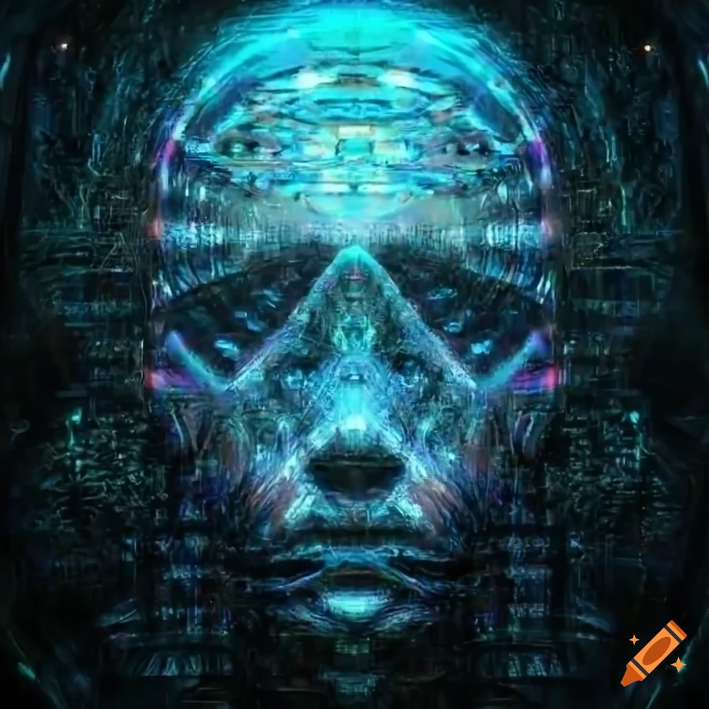 Techno abstract mind with phrase 'Rave' 4k AI face with a solid spirit ...