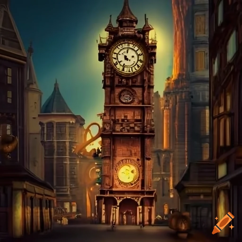 Steampunk clock tower in a city with a steampunk theme on Craiyon