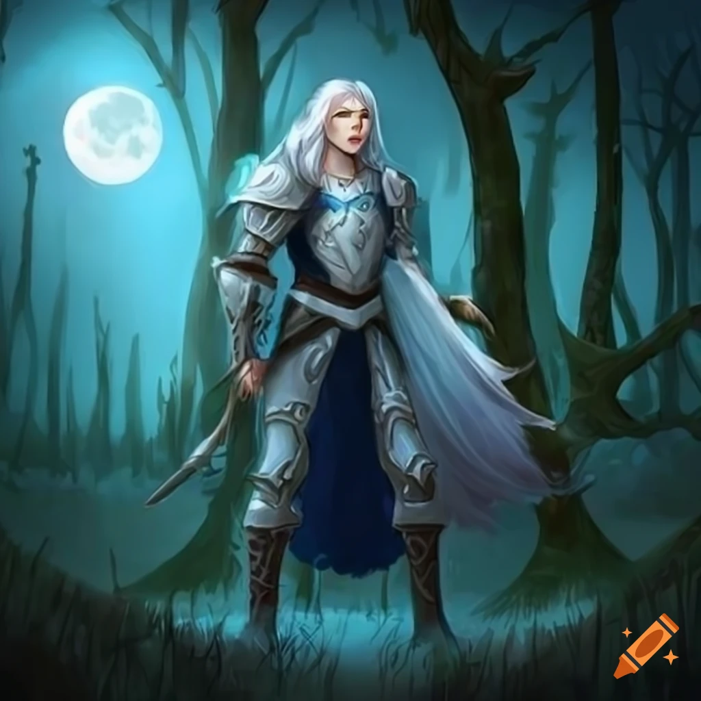 Male wild-elf paladin under a crescent moon in an ancient forest on Craiyon