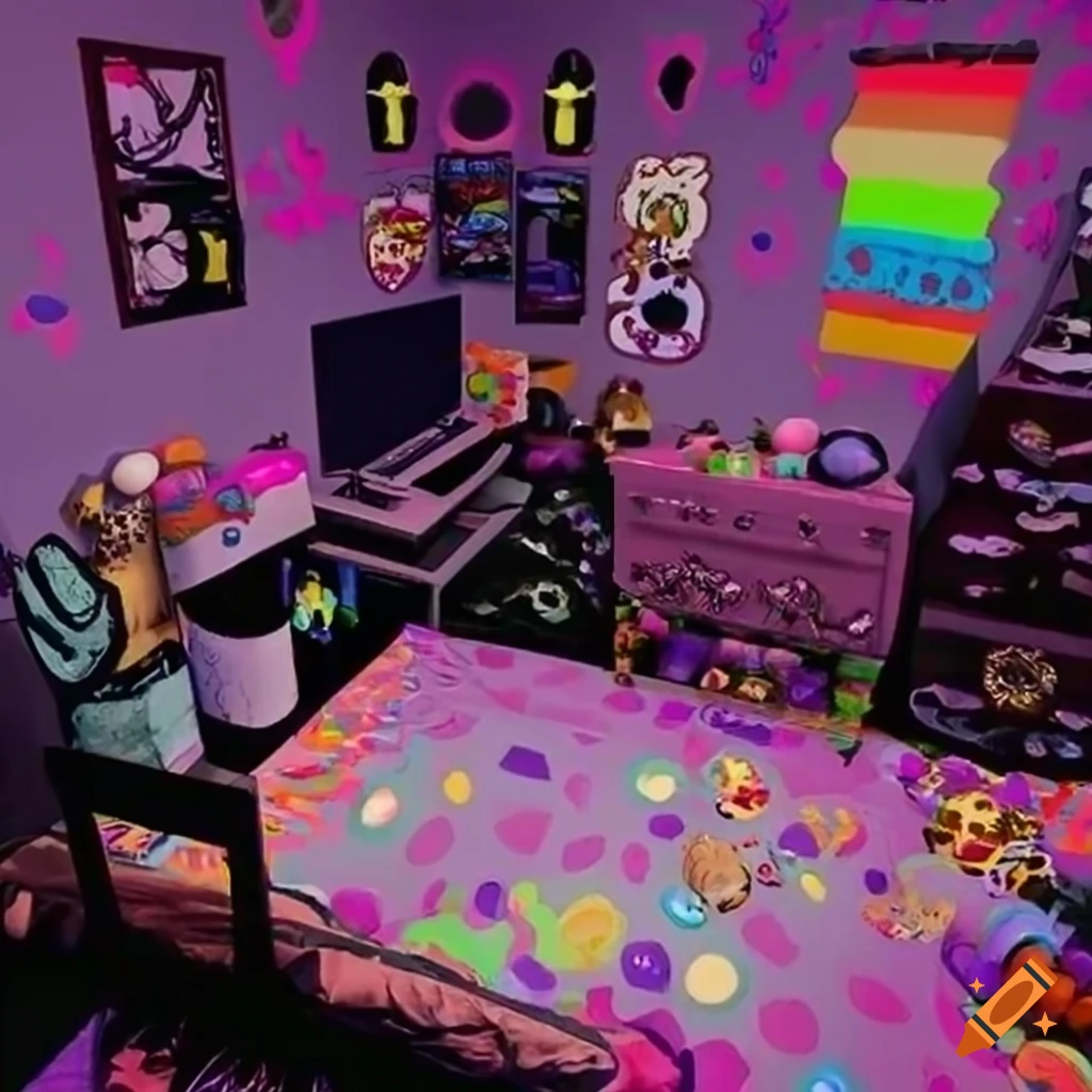 Weirdcore and punk aesthetic room with stuffed animals and squish ...