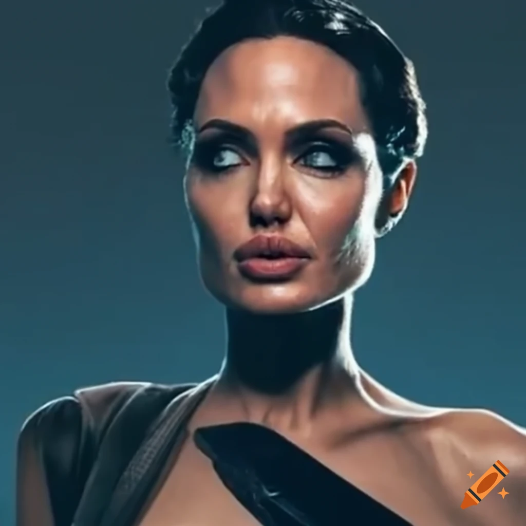 Angelina Jolie in Bladerunner movie scene, full body action shot on Craiyon
