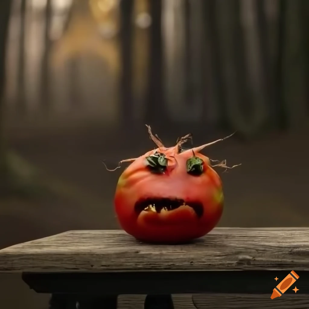 Close-up portrait of the rotten tomato fruit monster in a micro ...