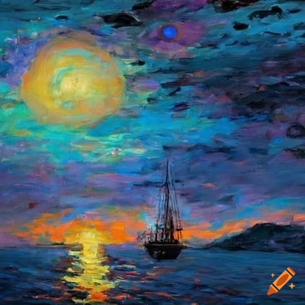 Impressionist oil painting of a colony ship in space and a ship sailing ...
