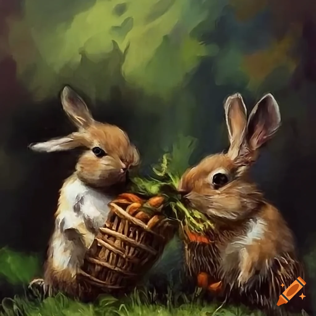 Two brown rabbits in overalls and dress with basket of carrots in a ...