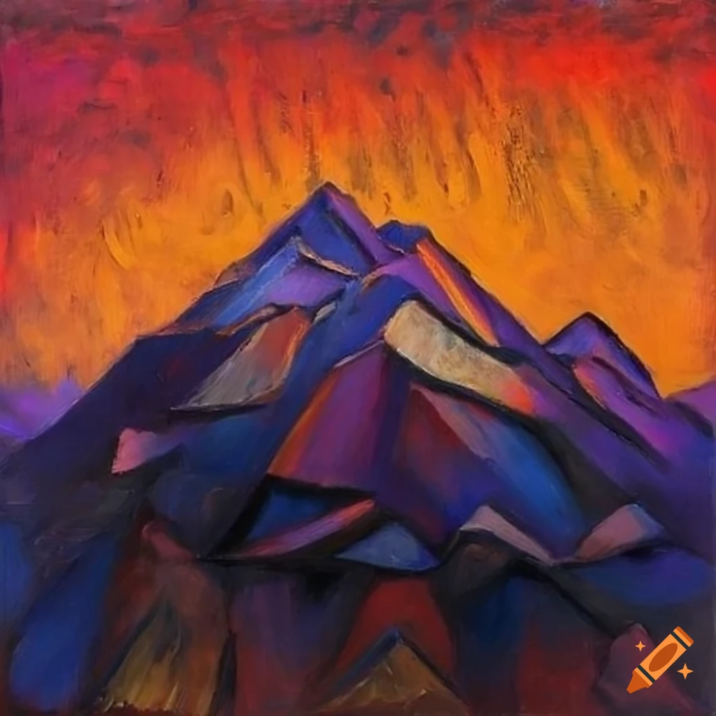 Textured mountain oil painting with a diagonal composition on Craiyon