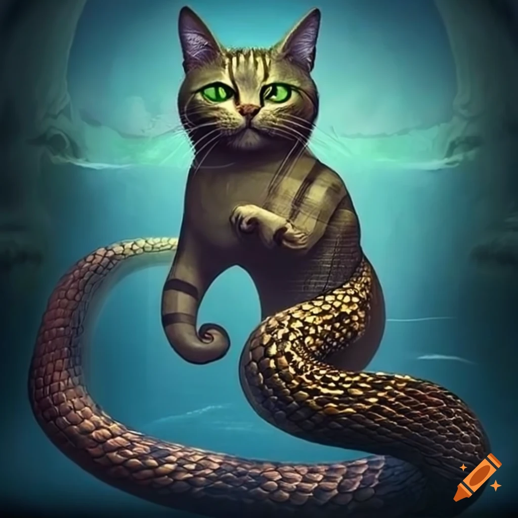 Mythological cat-snake creature shaping rivers and waterfalls around ...